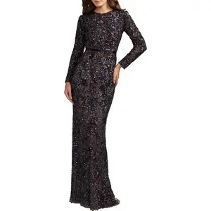 Mac Duggal Floral Embellished Long Sleeve Evening Gown - Plum