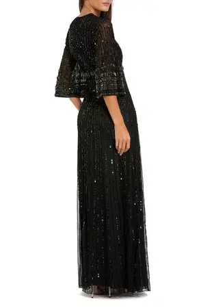 Mac Duggal Petite High Neck Embellished Gown With 3/4 Sleeves