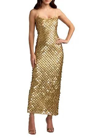 Mac Duggal Paillette Mesh Spaghetti Strap Column Ankle Dress - Gold