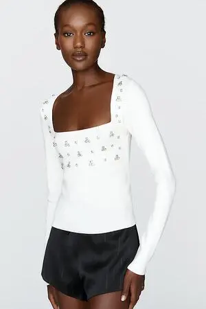 Anthropologie Maeve Embellished Square Neck Sweater - Ivory