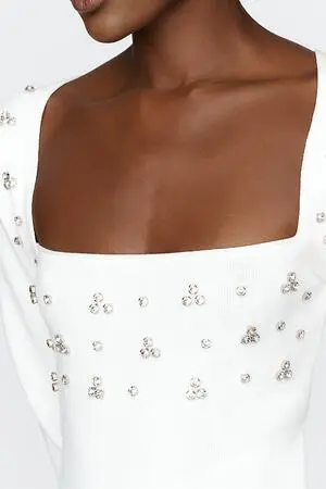 Anthropologie Maeve Embellished Square Neck Sweater - Ivory