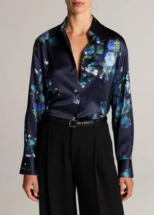 Vince Midnight Garden Silk Relaxed Button-front Shirt - Midnight Multi