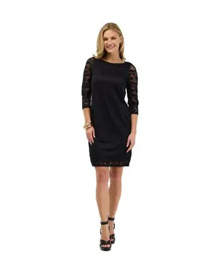 24SEVEN COMFORT APPAREL Elevate Womens Elegant Lace Three-quarter Sleeve Dress Black
