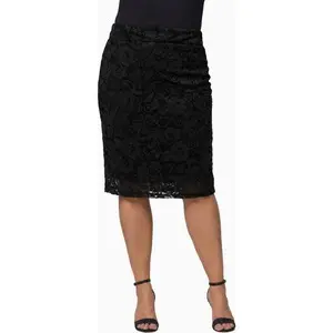 24SEVEN COMFORT APPAREL 24seven Comfort Elevate Curvy Lace Elastic Waist And Knee Length Pencil Skirt - Black