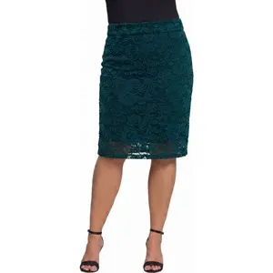 24SEVEN COMFORT APPAREL 24seven Comfort Elevate Curvy Lace Elastic Waist And Knee Length Pencil Skirt - Emerald