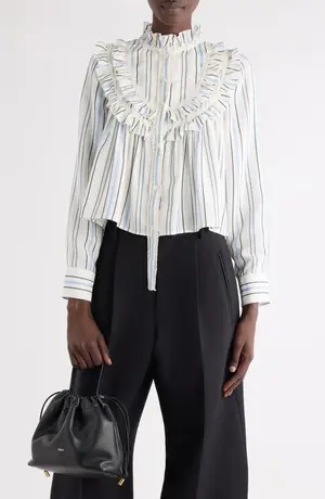 Chloé Ruffle Striped Silk Blend Shirt - White - Blue