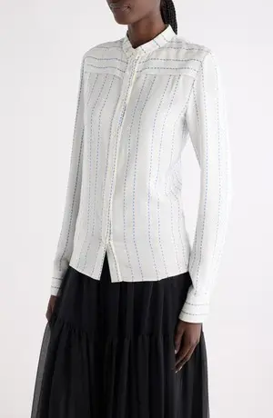 Chloé Ruffle Striped Silk Blend Shirt - White - Blue