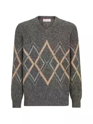 Brunello Cucinelli Alpaca, Cashmere And Wool With Argyle Intarsia Sweater - Grey