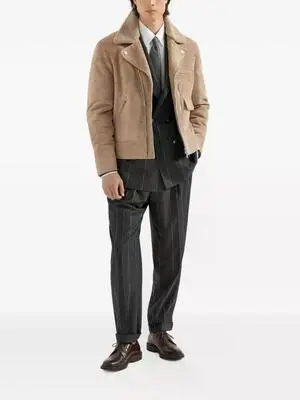 Brunello Cucinelli Wool, Silk And Cashmere Chalk Stripe Flannel One-and-a-half Breasted Tailor Blazer With Metal Buttons - Grey