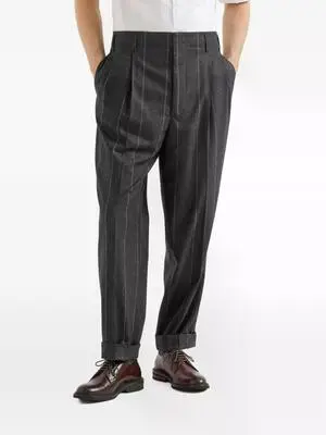 Brunello Cucinelli Wool, Silk And Cashmere Chalk Stripe Flannel Trousers With Double Pleats