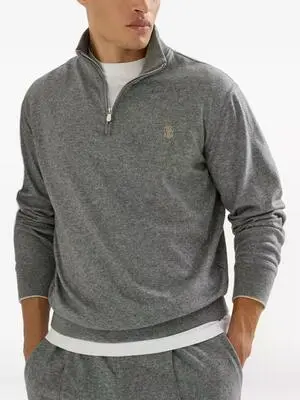 Brunello Cucinelli Cashmere Jersey Sweater With Half Zip And Embroidered Logo