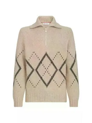 Brunello Cucinelli Cashmere Sweater With Argyle Intarsia And Half Zip - Neutrals
