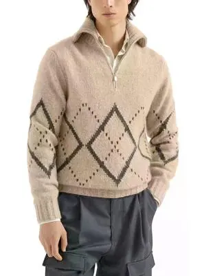 Brunello Cucinelli Cashmere Sweater With Argyle Intarsia And Half Zip
