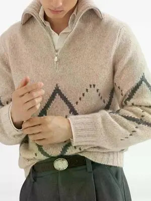 Brunello Cucinelli Cashmere Sweater With Argyle Intarsia And Half Zip