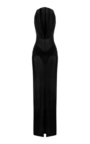 Alex Perry Ruched Halter Powermesh Column Gown - Black