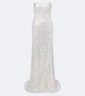 Jenny Packham Floating Heart Sequined Strapless Gown - Silver