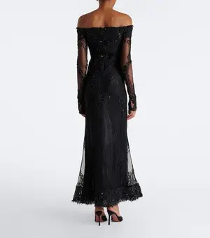 Blumarine Embellished Off-shoulder Lace Gown