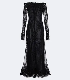 Blumarine Embellished Off-shoulder Lace Gown - Black