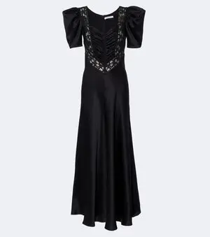 RODARTE Lace-trimmed Ruched Silk Satin Gown