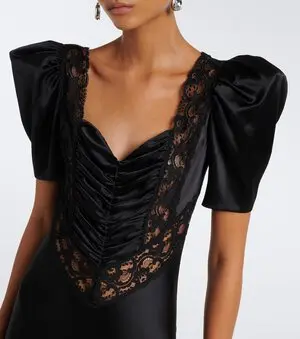 RODARTE Lace-trimmed Ruched Silk Satin Gown