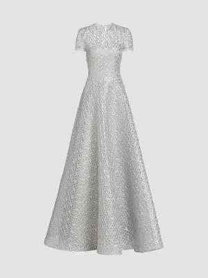 Naeem Khan Metallic Floral Embroidered Short-sleeve Gown - Silver
