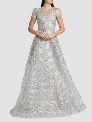 Naeem Khan Metallic Floral Embroidered Short-sleeve Gown