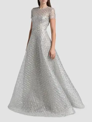 Naeem Khan Metallic Floral Embroidered Short-sleeve Gown