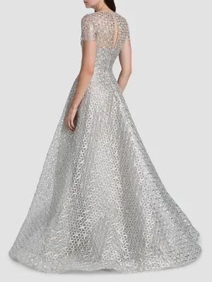 Naeem Khan Metallic Floral Embroidered Short-sleeve Gown