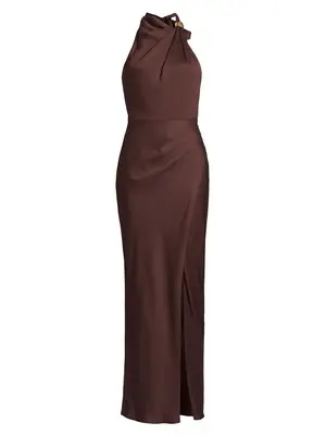 NICHOLAS THE LABEL Galilea Embellished Draped Halter Gown - Chocolate