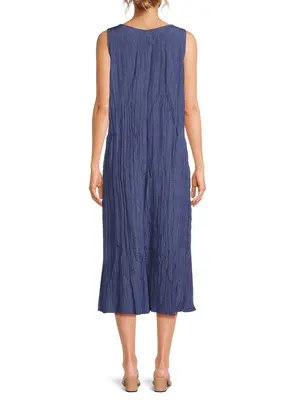 Eileen Fisher V-neck Pleated Crushed Silk Midi-dress