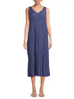 Eileen Fisher V-neck Pleated Crushed Silk Midi-dress