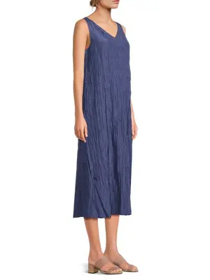 Eileen Fisher V-neck Pleated Crushed Silk Midi-dress