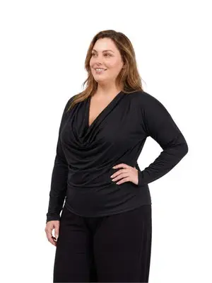 24SEVEN COMFORT APPAREL Elevate Curvy Cowl Neck Long Sleeve Top - Black