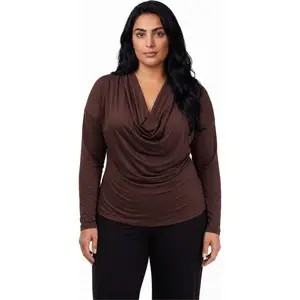 24SEVEN COMFORT APPAREL Elevate Curvy Cowl Neck Long Sleeve Top - Brown