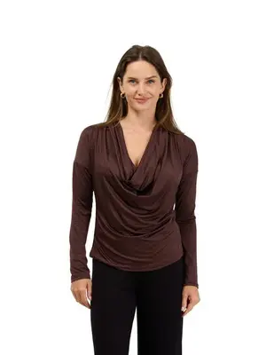 24SEVEN COMFORT APPAREL Elevate Cowl Neck Long Sleeve Top - Brown