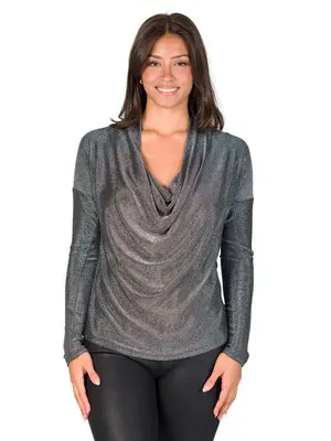 24SEVEN COMFORT APPAREL Elevate Womens Cowl Neck Long Sleeve Top Silver