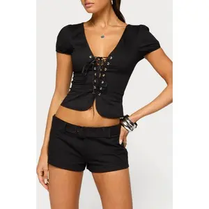 EDIKTED Kyleigh Puff Sleeve Lace-up Top - Black