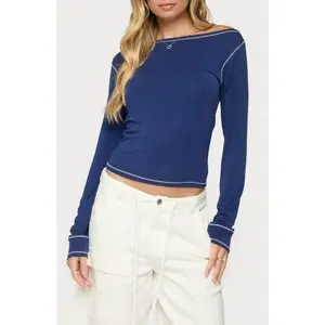 EDIKTED Brooklynn Boat Neck Long Sleeve Top - Navy
