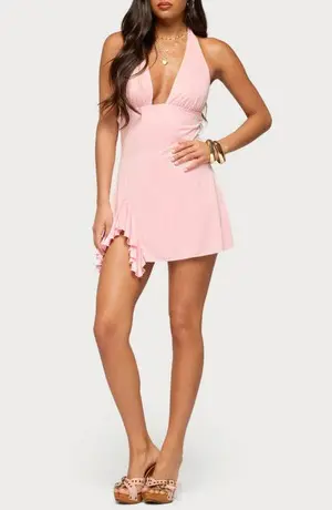 EDIKTED Karda Halter Handkerchief Hem Minidress - Light-pink