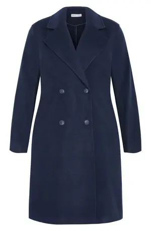 City Chic Anita Double Breasted Longline Melton Coat - Navy