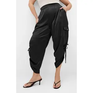 City Chic Cargo Castle Satin Ruched Drawstring Leg Cargo Pants - Black