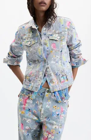Desigual Embroidered Floral Trucker Jacket - Gray