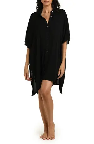 La Blanca Crinkle Charm Shirtdress Cover-up - Black