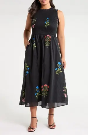SUGARLIPS Cecil Smocked Sleeveless Midi Dress - Black-multi