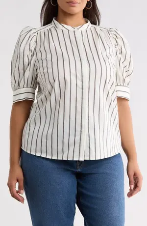 SUGARLIPS Kamara Striped Puff Sleeve Cotton Shirt - Marshmallow