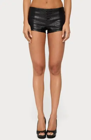 EDIKTED Zaci Croc Embossed Faux Leather Mini Shorts - Black