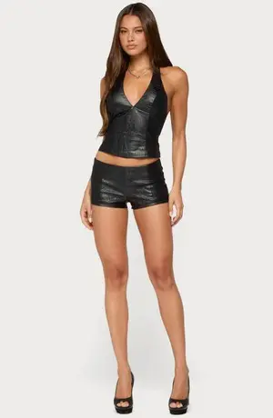 EDIKTED Zaci Croc Embossed Faux Leather Mini Shorts - Black