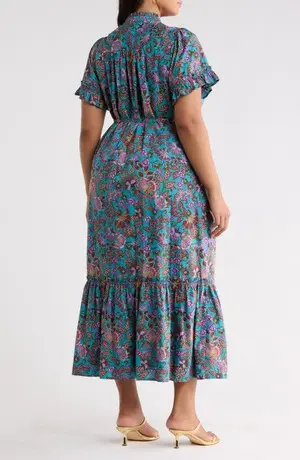 SUGARLIPS Alna Floral Cotton Midi Dress - Teal Multi