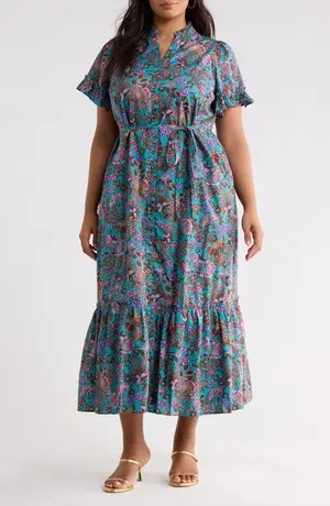SUGARLIPS Alna Floral Cotton Midi Dress - Teal Multi