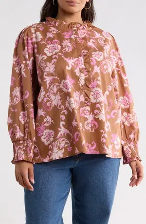 SUGARLIPS Minny Ruffled Button Up Top - Brown-multi